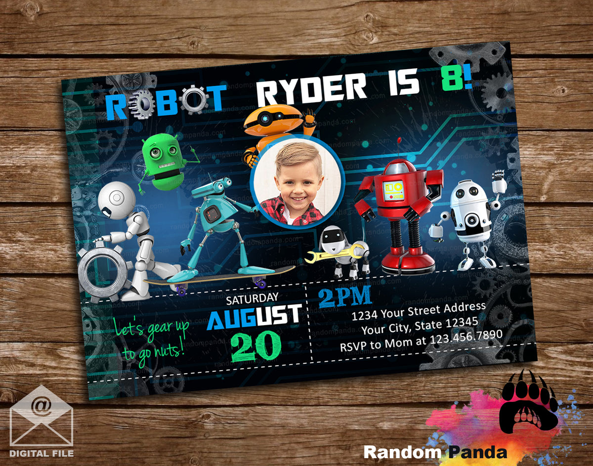Funny Skater Robot and Droids Party Invitation – Random Panda