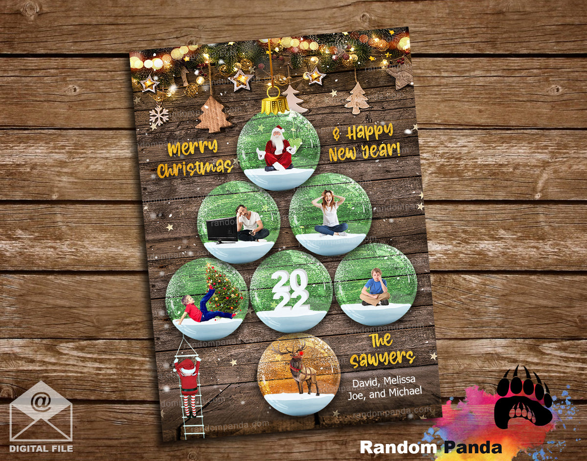 Funny Christmas Card, Merry Xmas in Separate Snow globes – Random Panda